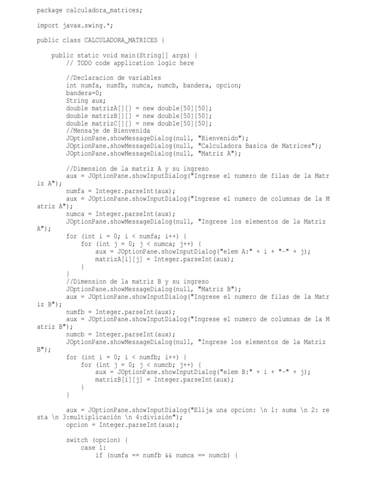 Codigo Calculadora Matrices Java | PDF | Programación de computadoras ...
