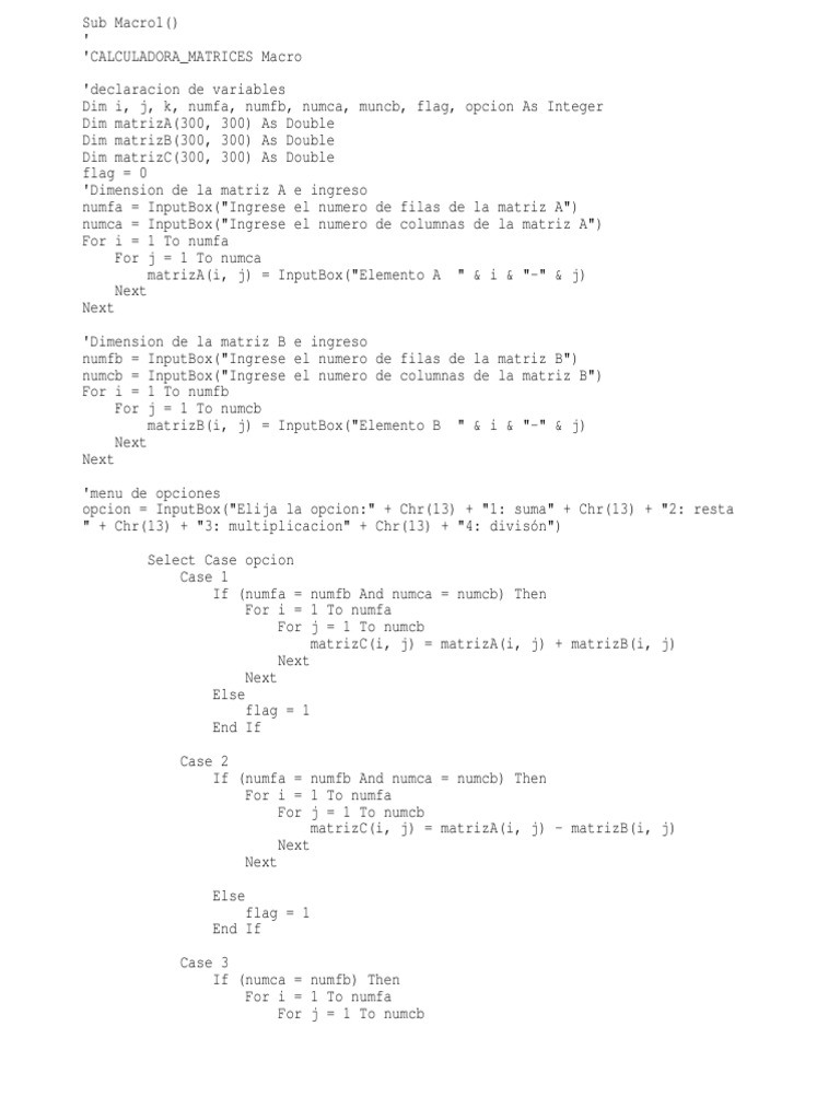 Codigo Calculadora Matrices Visual Basic | PDF