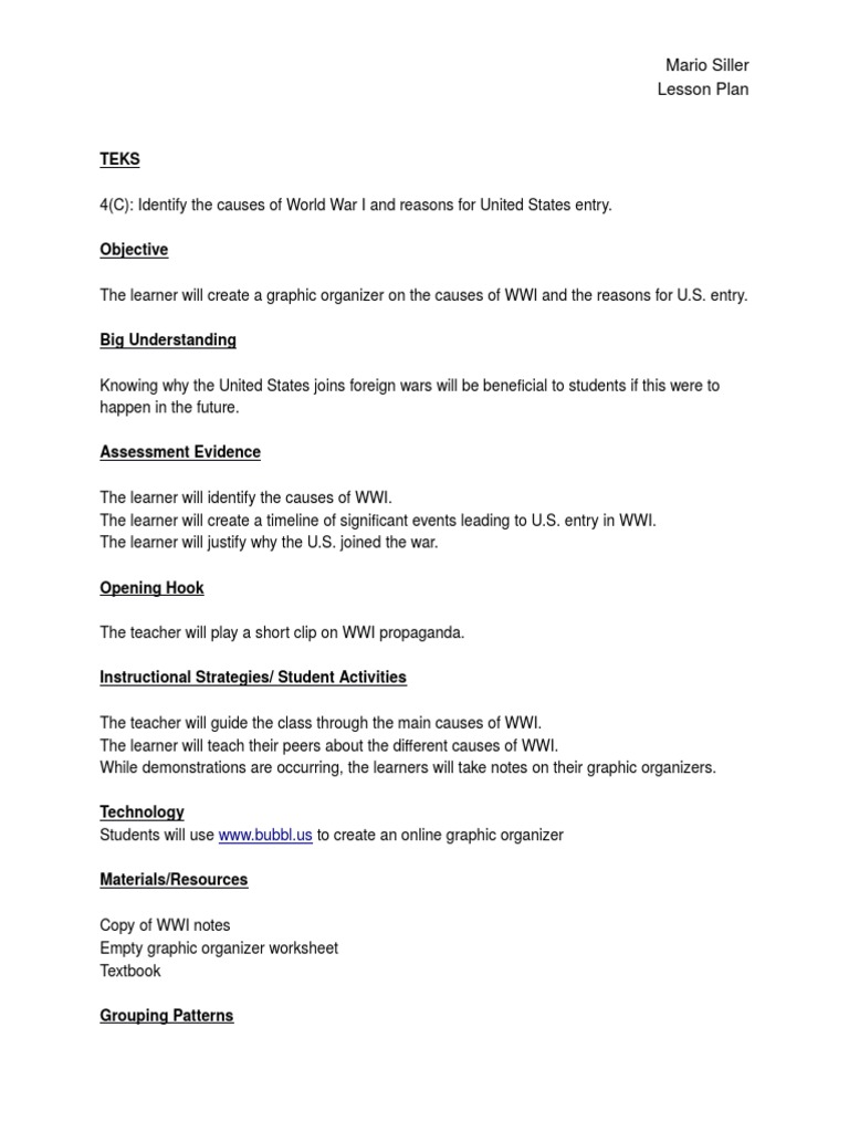 WWI Causes and U.S. Involvement Lesson Plan | PDF | Politics | Social ...