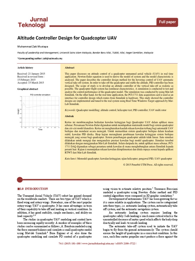 Jurnal Teknologi: Altitude Controller Design For Quadcopter UAV | PDF ...