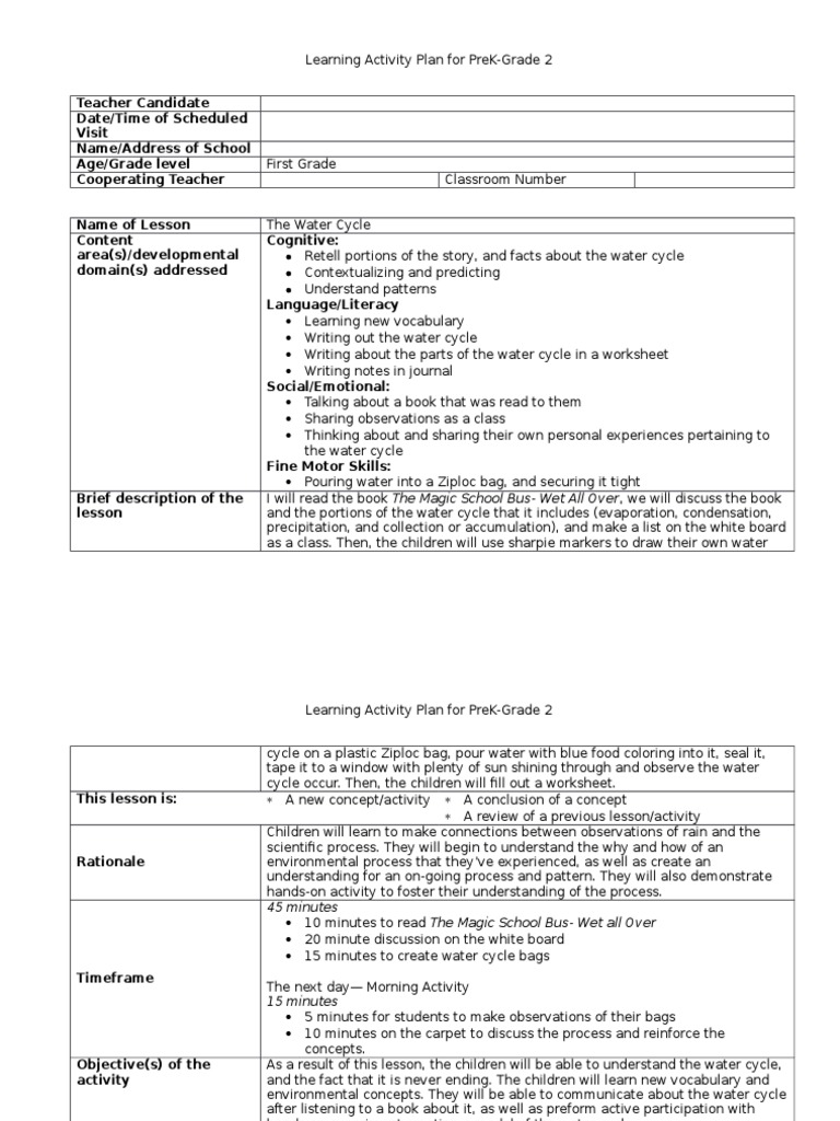 Water Cycle Lesson Plan for PreK-1st Grade | PDF | Rain | Scientific Method