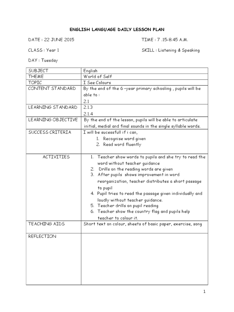 English Language Daily Lesson Plan | Download Free PDF | Lesson Plan ...
