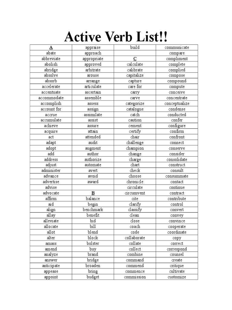 Comprehensive Active Verb List | PDF | Career & Growth