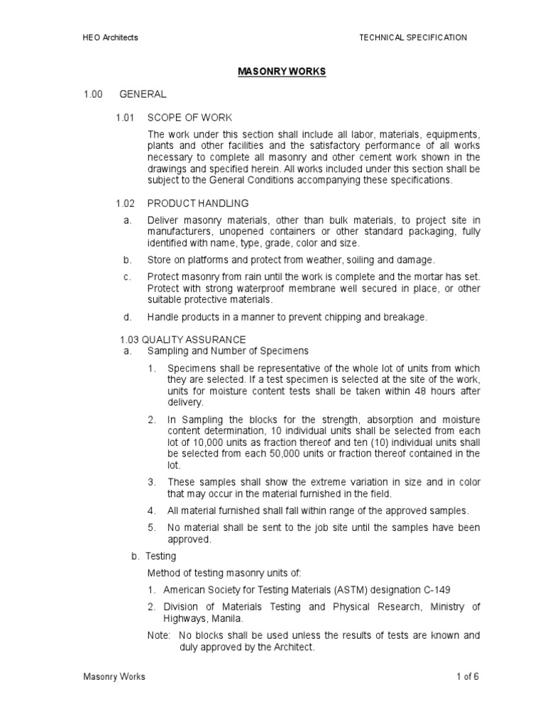 Masonry Works Heo Architects Technical Specification Pdf Masonry