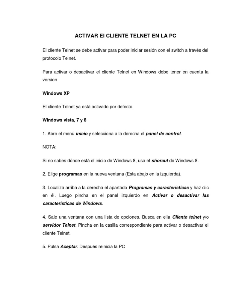 Activar El Cliente Telnet en La PC | PDF