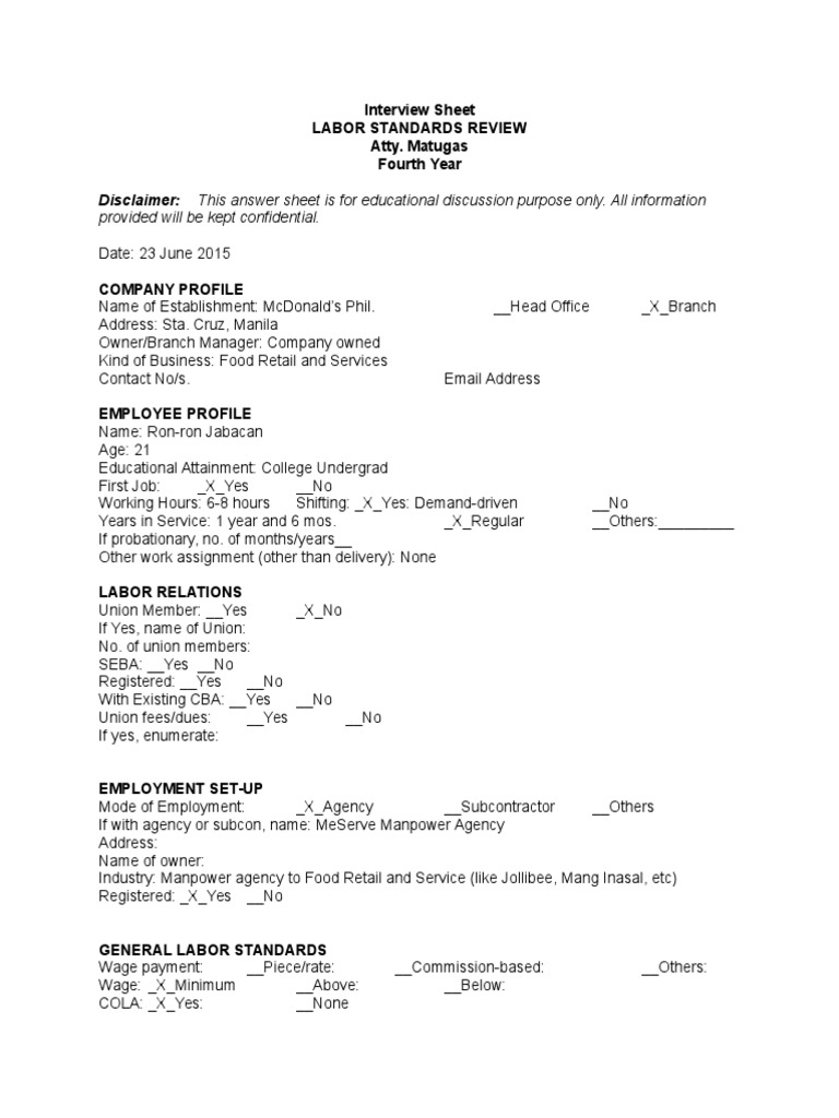 Draft - Interview Sheet For Labor Standards Interview | PDF ...