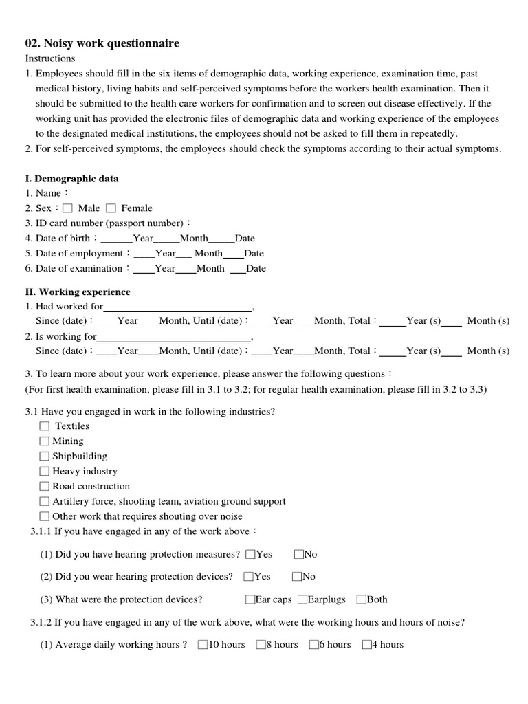 Noisy Work Questionnaire | PDF | Ear | Diseases And Disorders