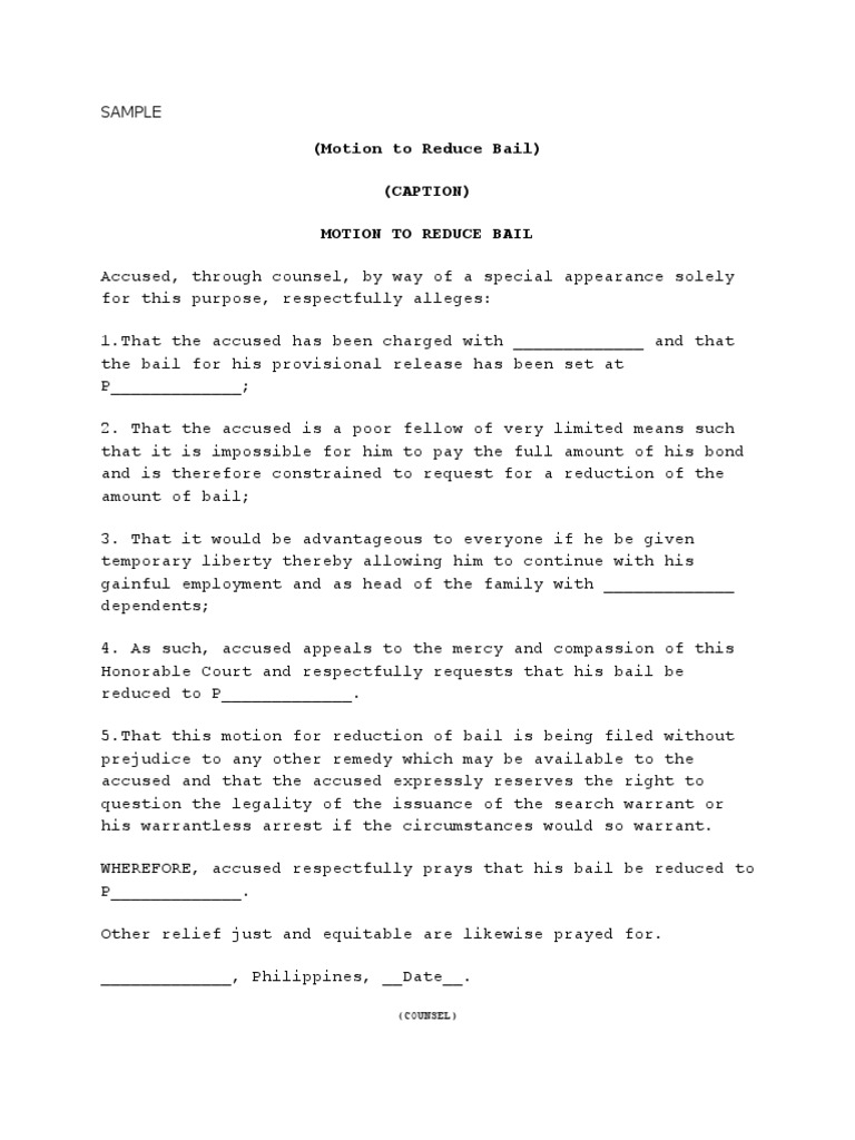Motion to Reduce Bail Sample Document | PDF | Law | Finance & Money ...