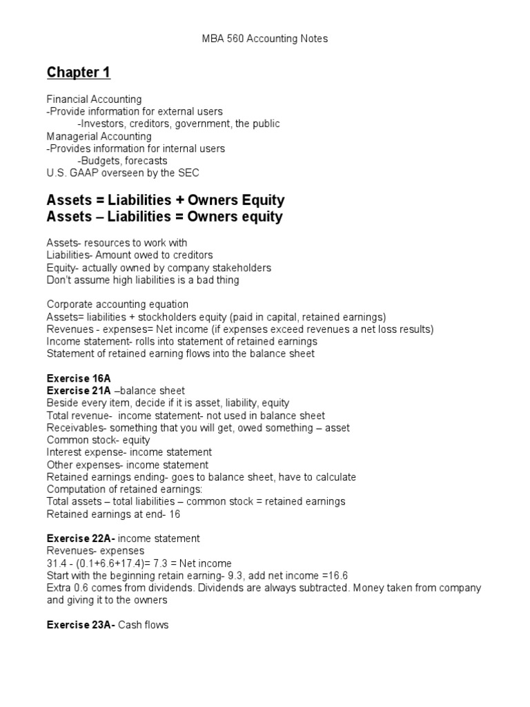 MBA 560 Accounting Managerial Notes | PDF | Debits And Credits | Equity ...
