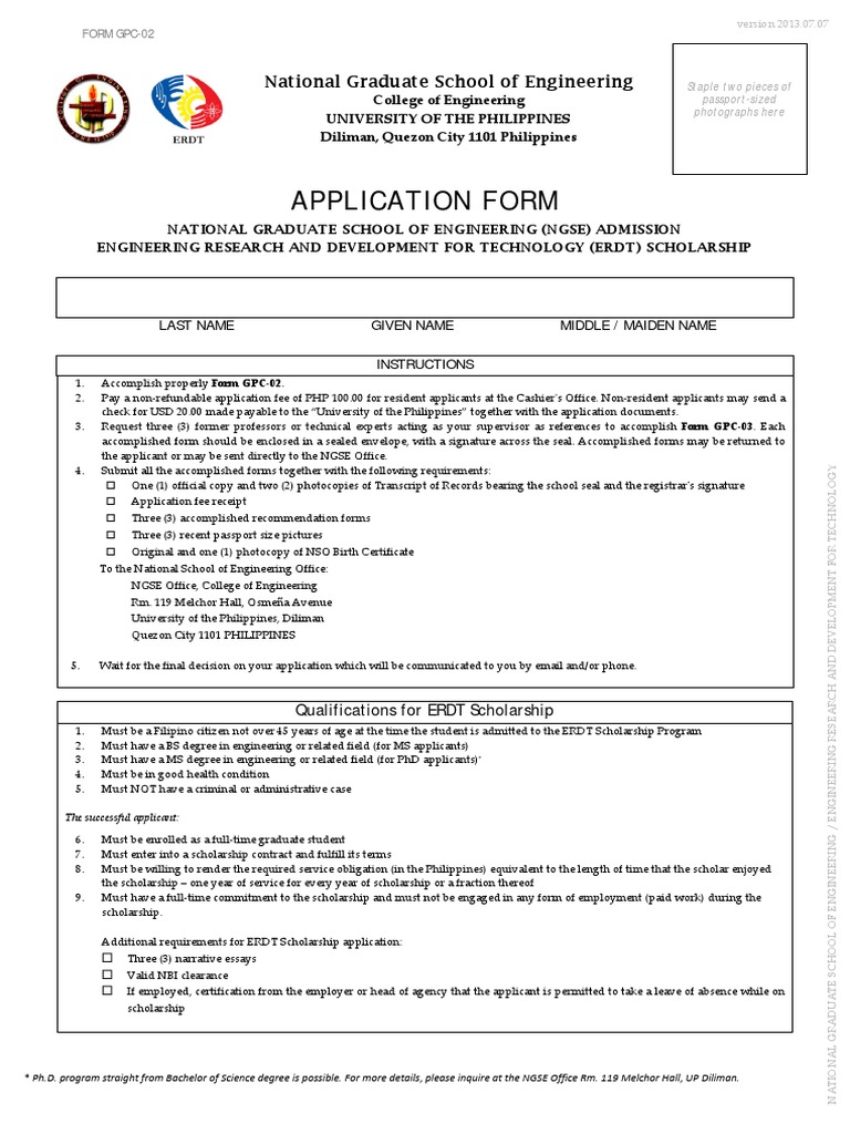 ERDT Scholarship Application Form GPC-02 | PDF | Postgraduate Education ...