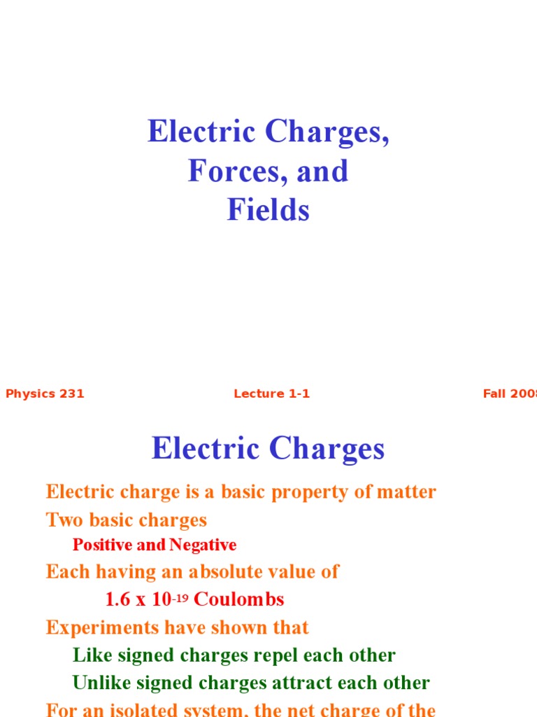 Electric Charges, Forces, and Fields: Fall 2008 Lecture 1-1 Physics 231 ...