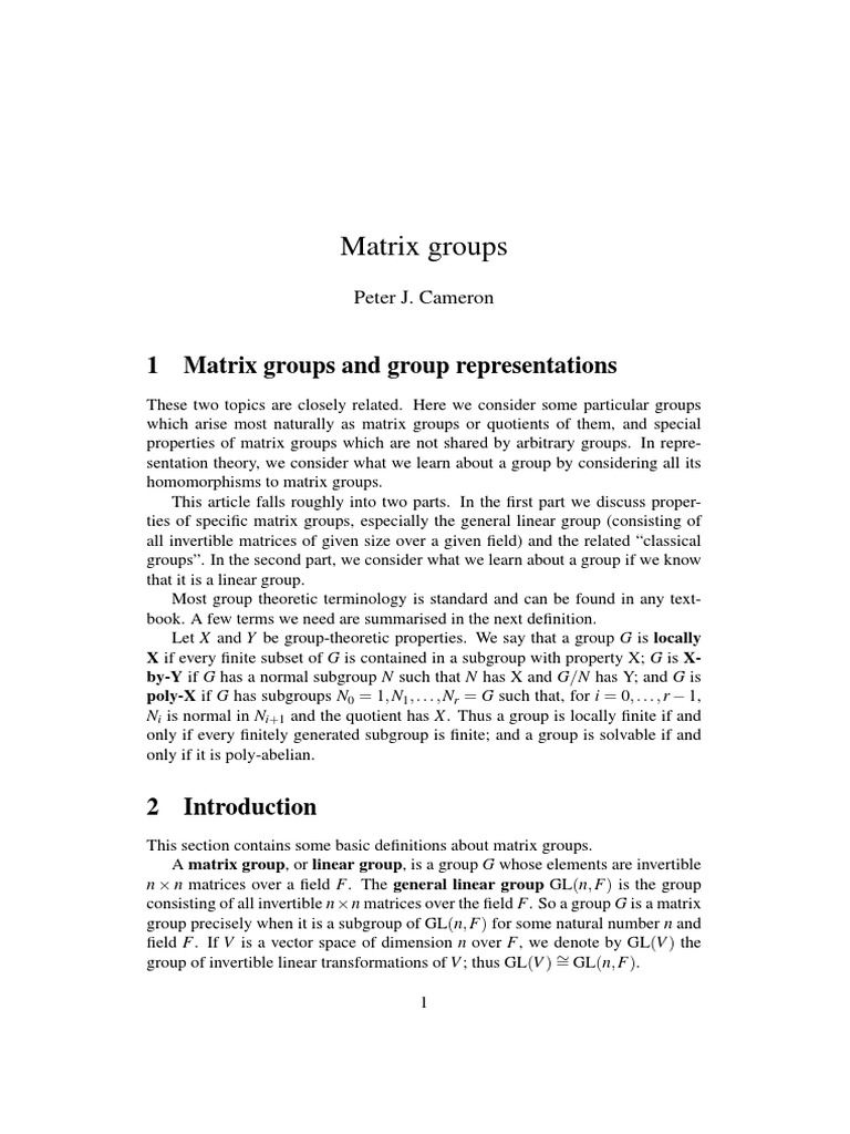 Cameron, Matrix Groups | PDF | Group (Mathematics) | Metric Geometry