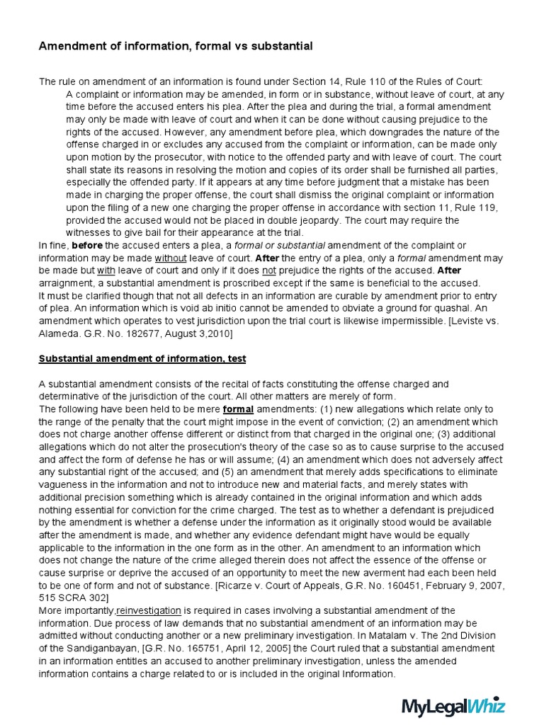 Amendment of Information, Formal Vs Substantial | PDF | Prejudice ...