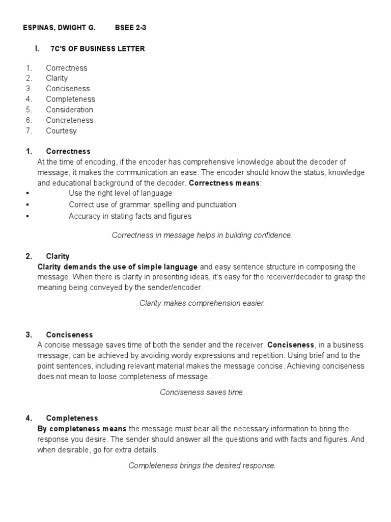 Espinas, Dwight G. BSEE 2-3 7C'S of Business Letter: Correctness in ...