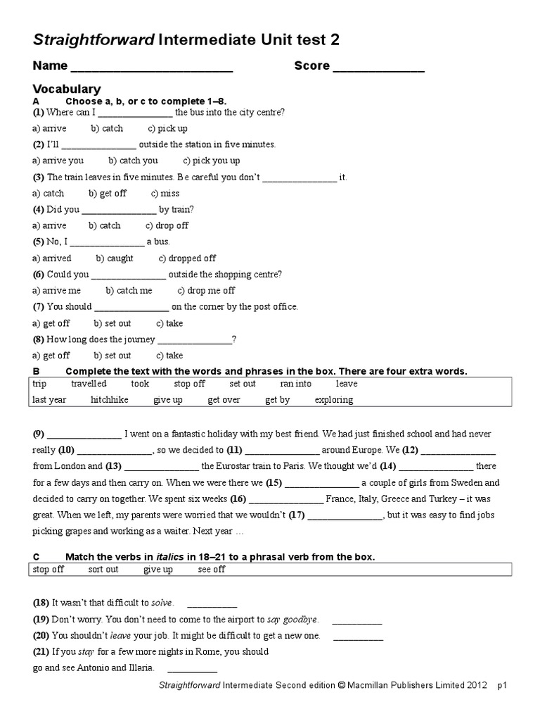 Straightforward Intermediate Unit Test 2: Name - Score - Vocabulary ...