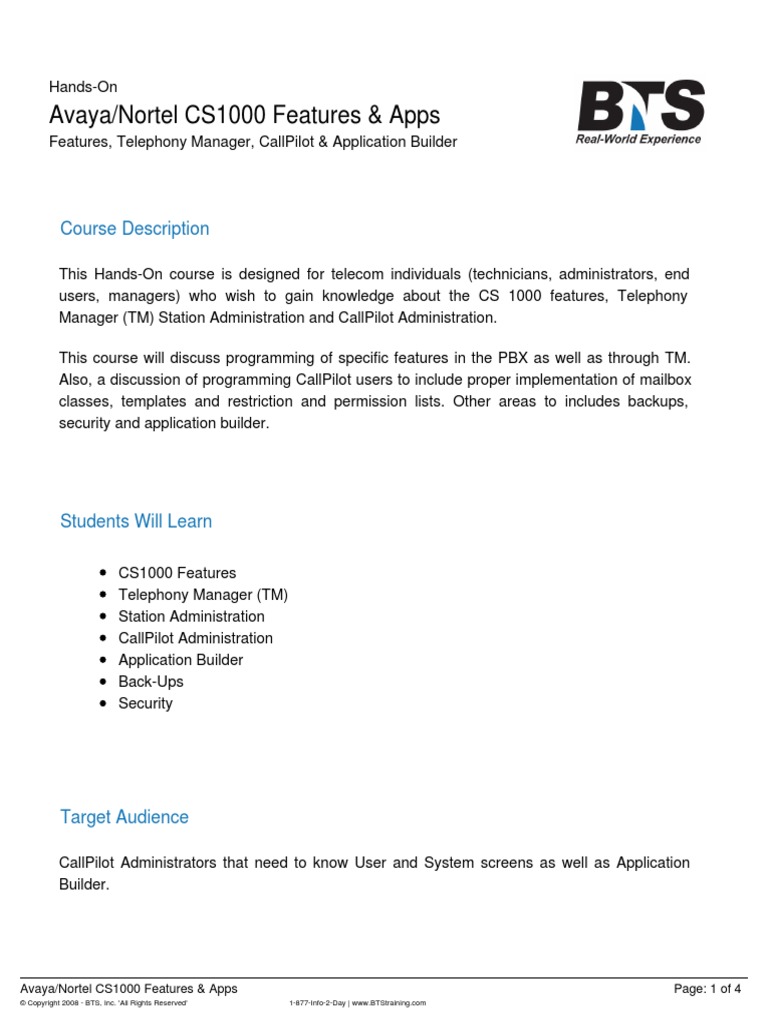 Avaya/Nortel CS1000 Features & Apps: Course Description | PDF ...
