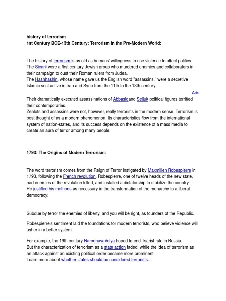 Terrorism Sicarii Hashhashin: History of Terrorism 1st Century BCE-13th ...