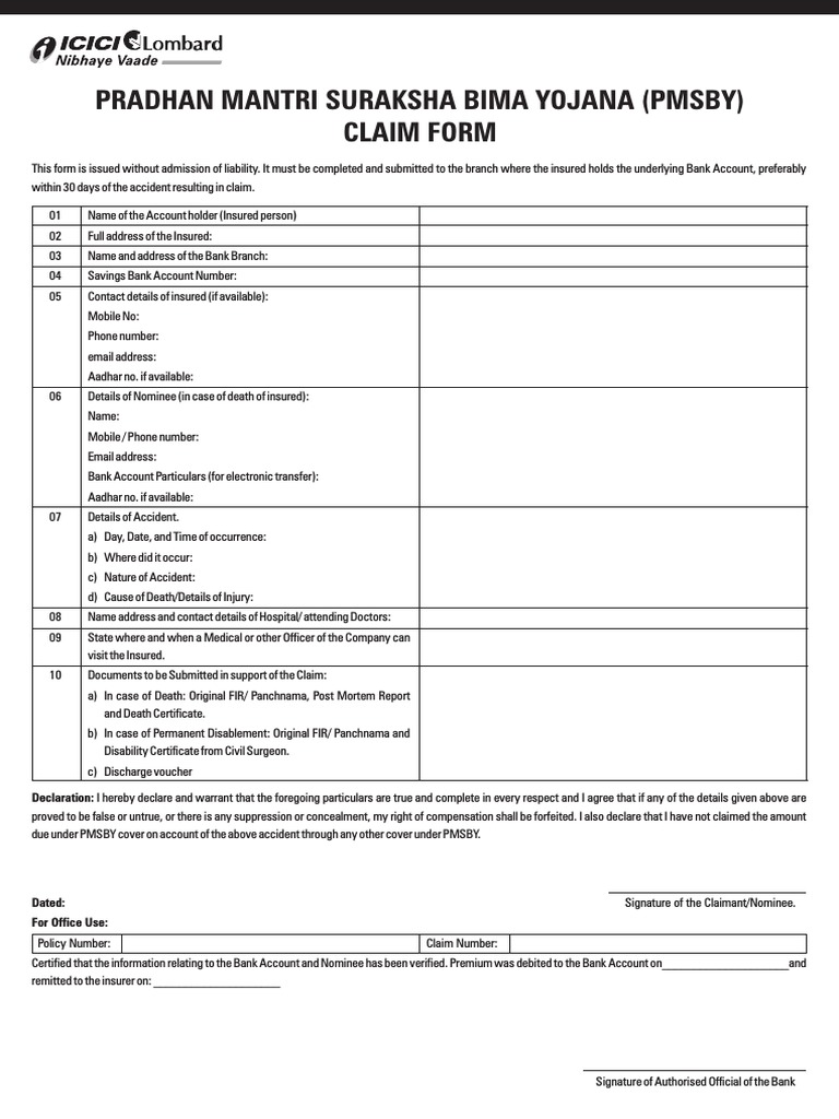 Pradhan Mantri Suraksha Bima Yojana (Pmsby) Claim Form | PDF ...