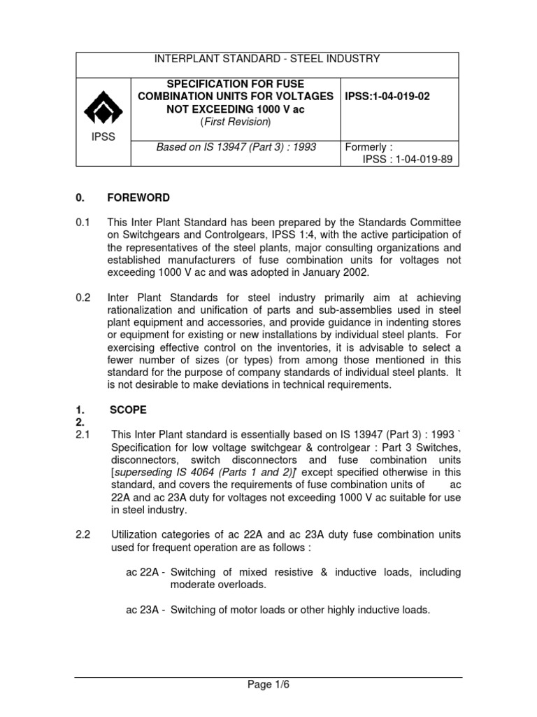 Specification For Fuse Combination Units For Voltages Not Exceeding 1000 V Ac IPSS:1-04-019-02 ...