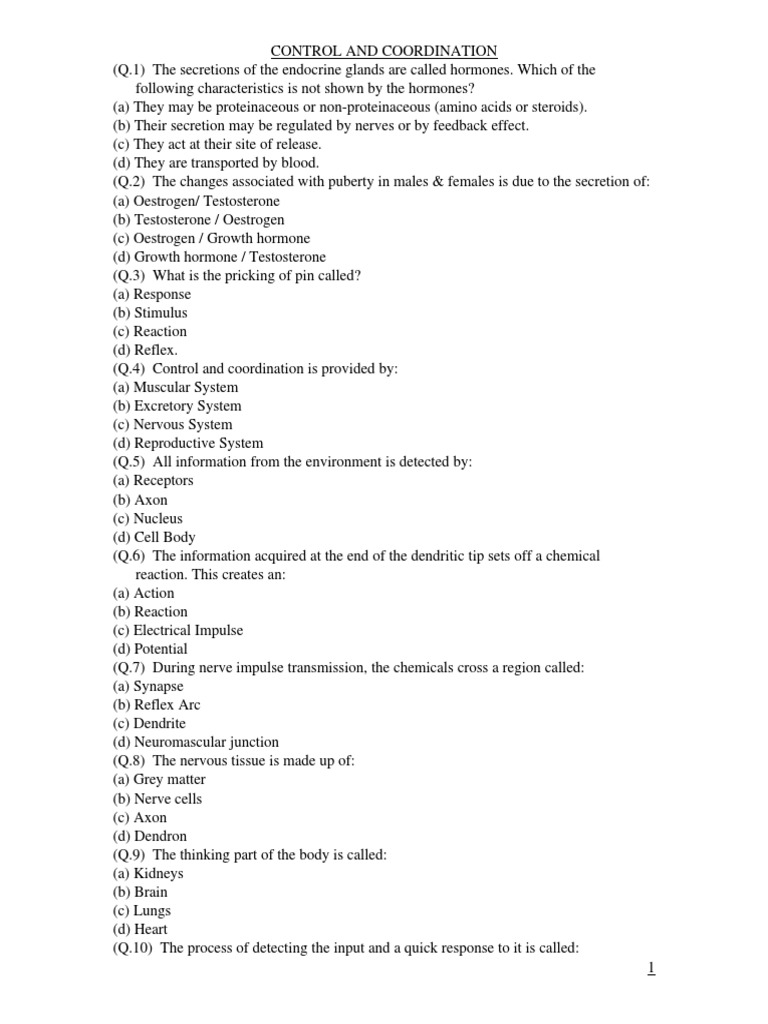 Control and Coordination MCQ | PDF | Central Nervous System | Hormone