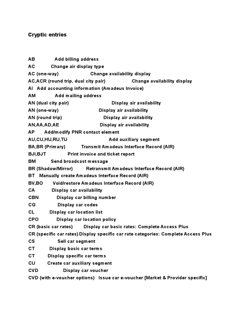 Amadeus - Cryptic Entries | PDF | Email | Airlines