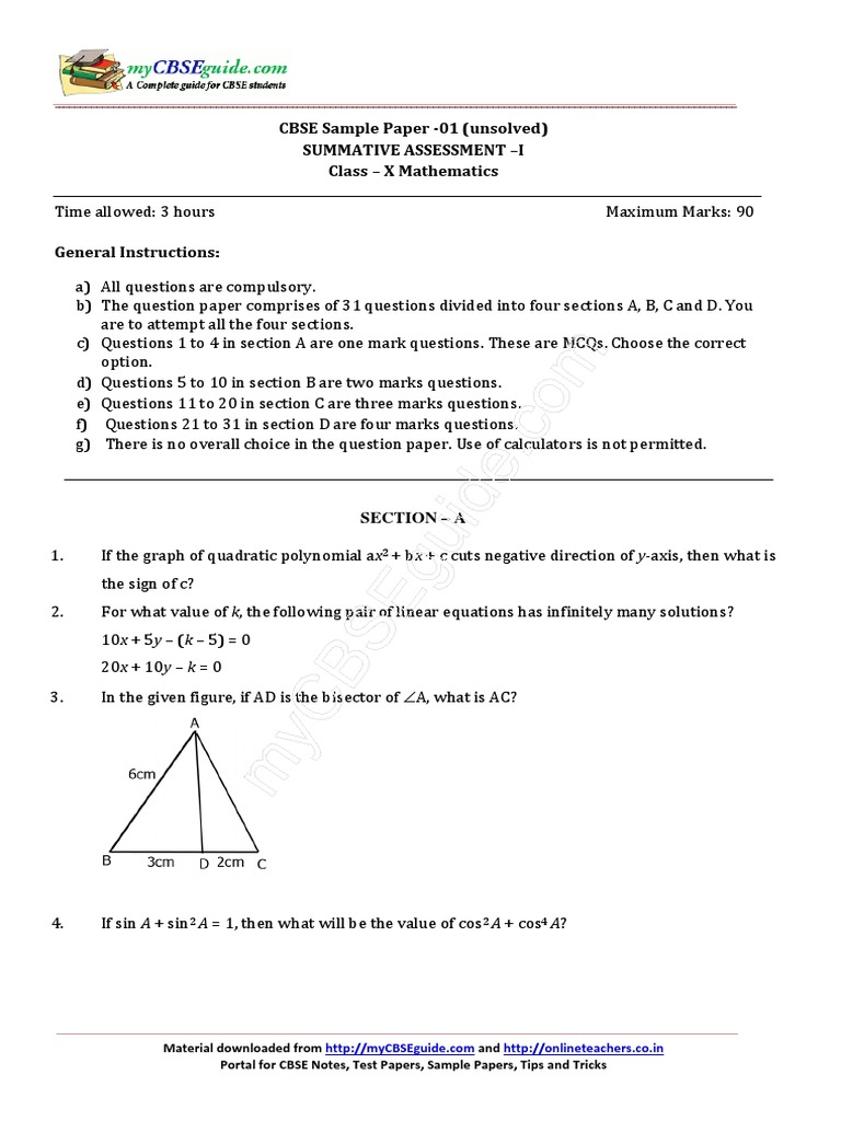 2015 10 SP Mathematics Sa1 Unsolved 01 | PDF | Quadratic Equation | Triangle