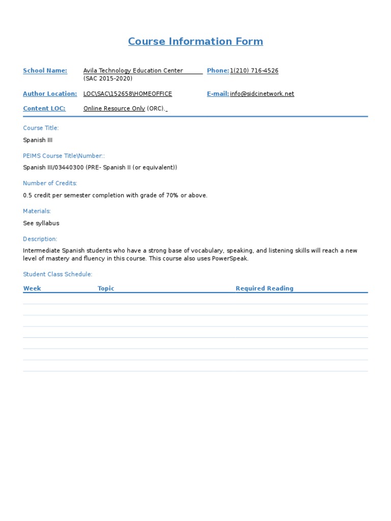Intermediate Spanish Course Info | PDF