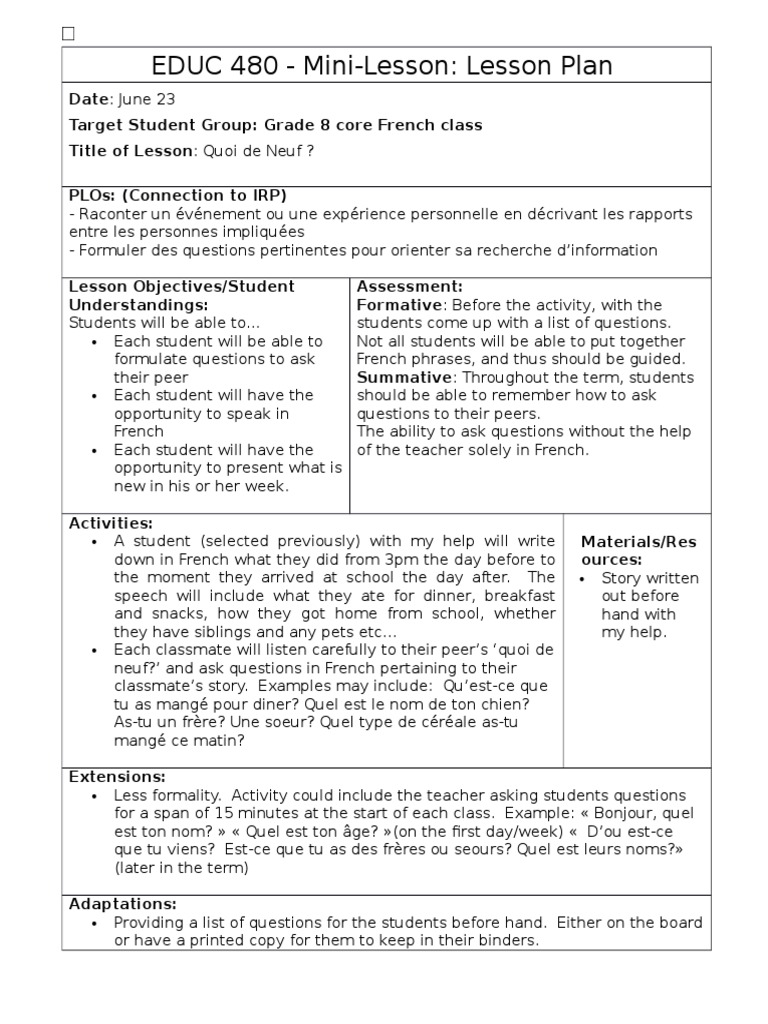 Grade 8 French Mini-Lesson Plan | PDF