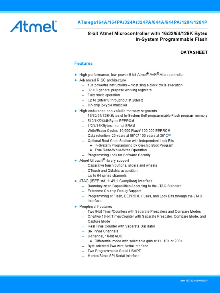 Atmel 8272 8 Bit AVR Microcontroller ATmega164A PA 324A PA 644A PA 1284 P Datasheet | PDF ...