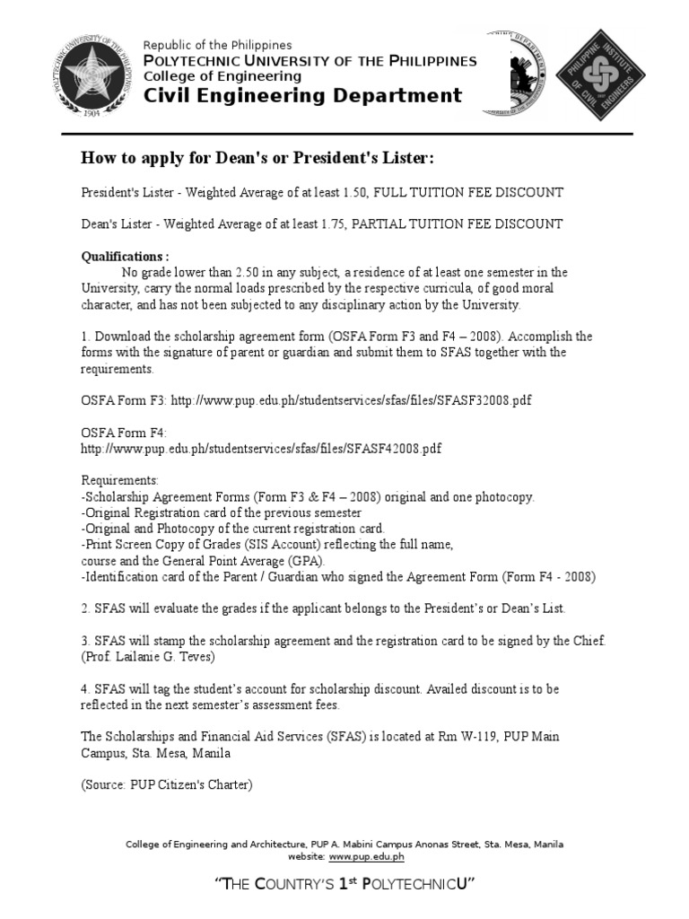 PUP: Application For Dean's and President"s Lister | PDF | Career & Growth