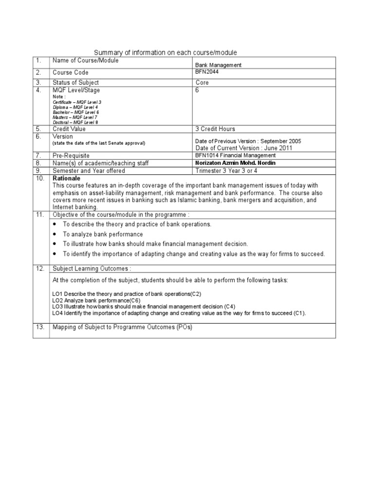 BFN 2044 Bank Management T1 2015 - 16 | PDF | Banks | Strategic Management