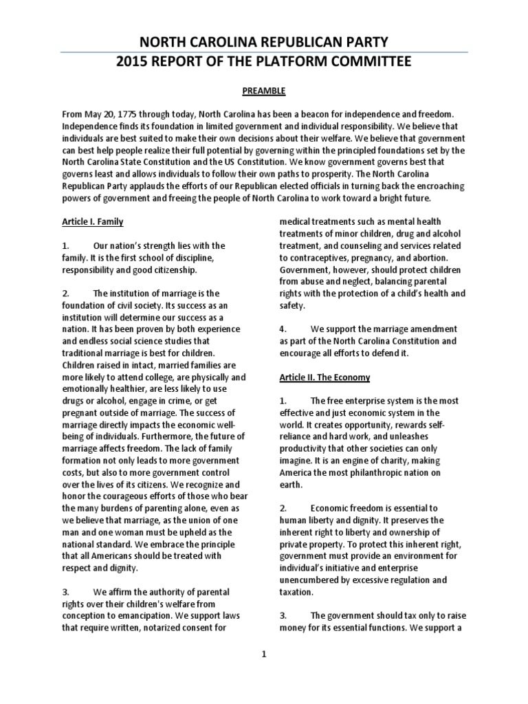 North Carolina GOP 2015 Platform Report | PDF | Federal Government Of ...