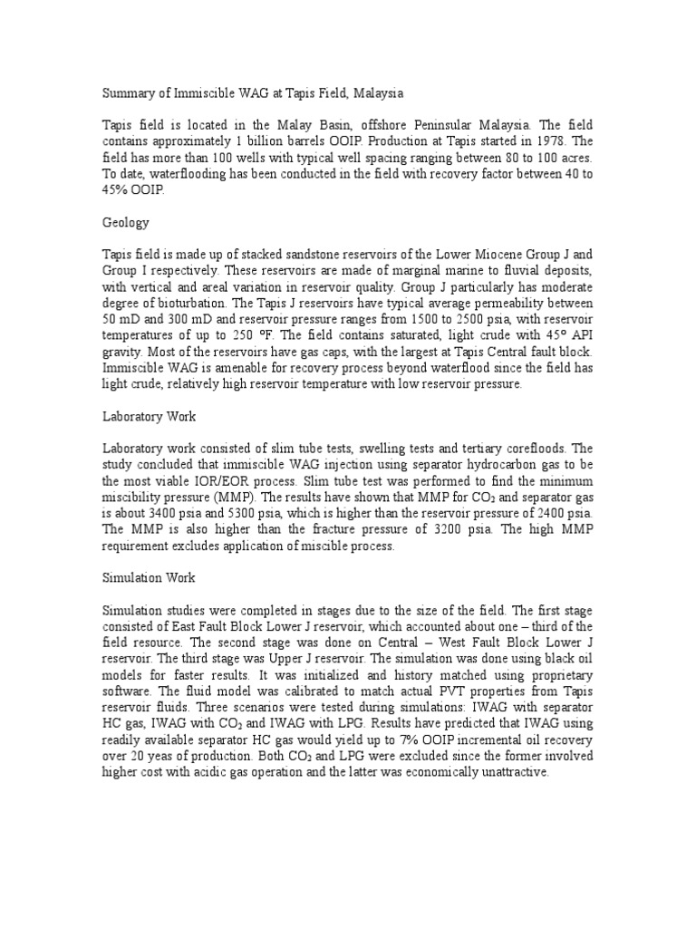 Summary of Immiscible WAG at Tapis Field | PDF | Petroleum Reservoir ...