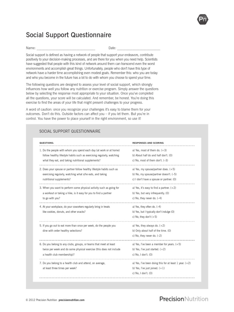 Social Support Questionnaire PDF | PDF | Social Support | Physical Exercise