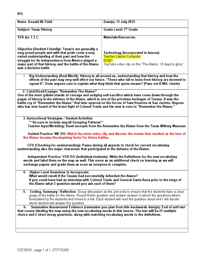 Texas History: The Alamo Lesson Plan | PDF | Battle Of The Alamo | Texas