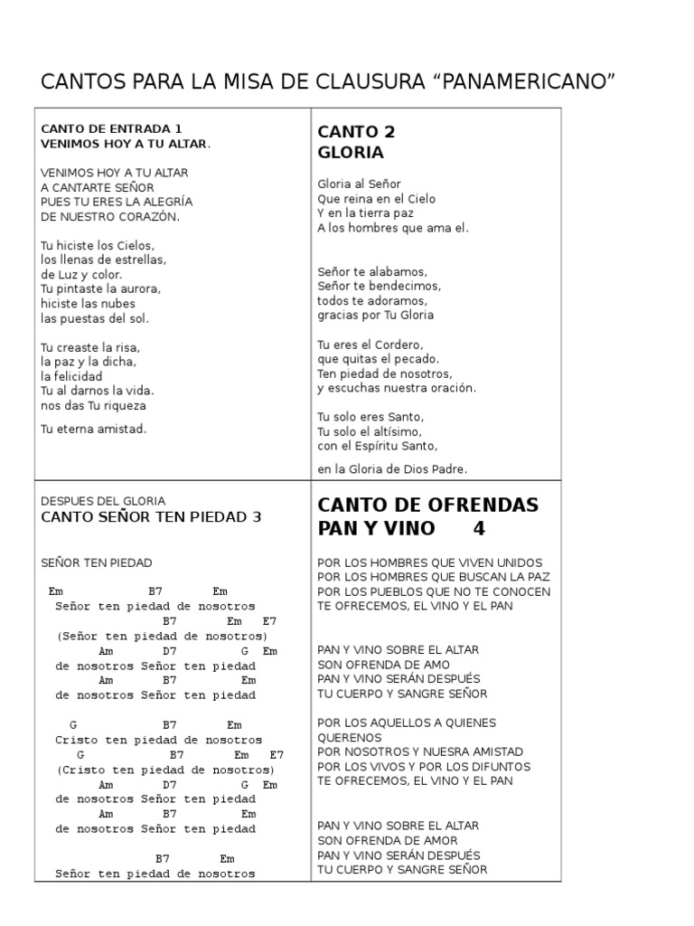 Letra de Cantos para La Misa Clausura | Descargar gratis PDF | Misa (liturgia) | eucaristía