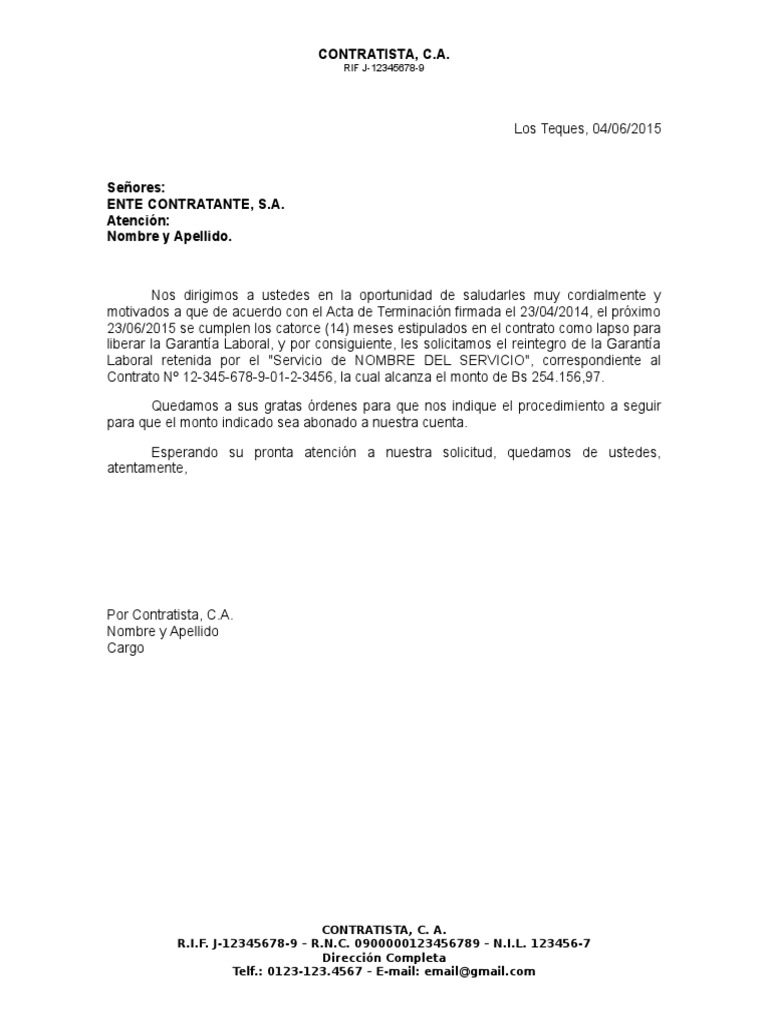 Solicitud de Reintegro de Garantía Laboral | PDF | Finanzas y dinero | Derecho