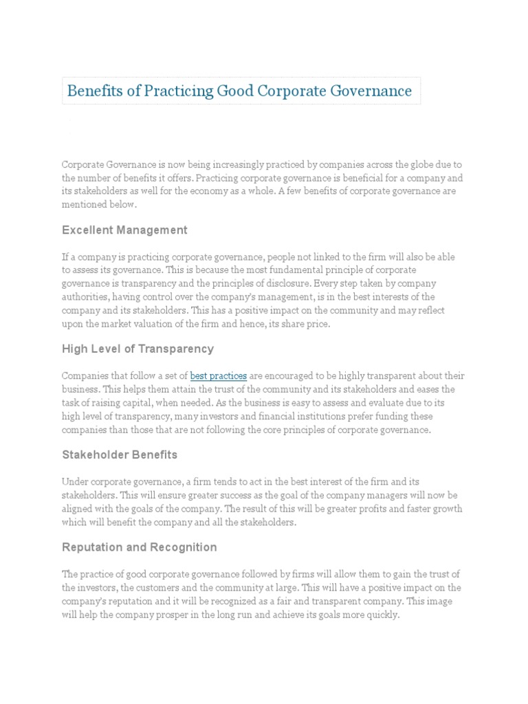 Benefits of Practicing Good Corporate Governance | PDF | Board Of ...
