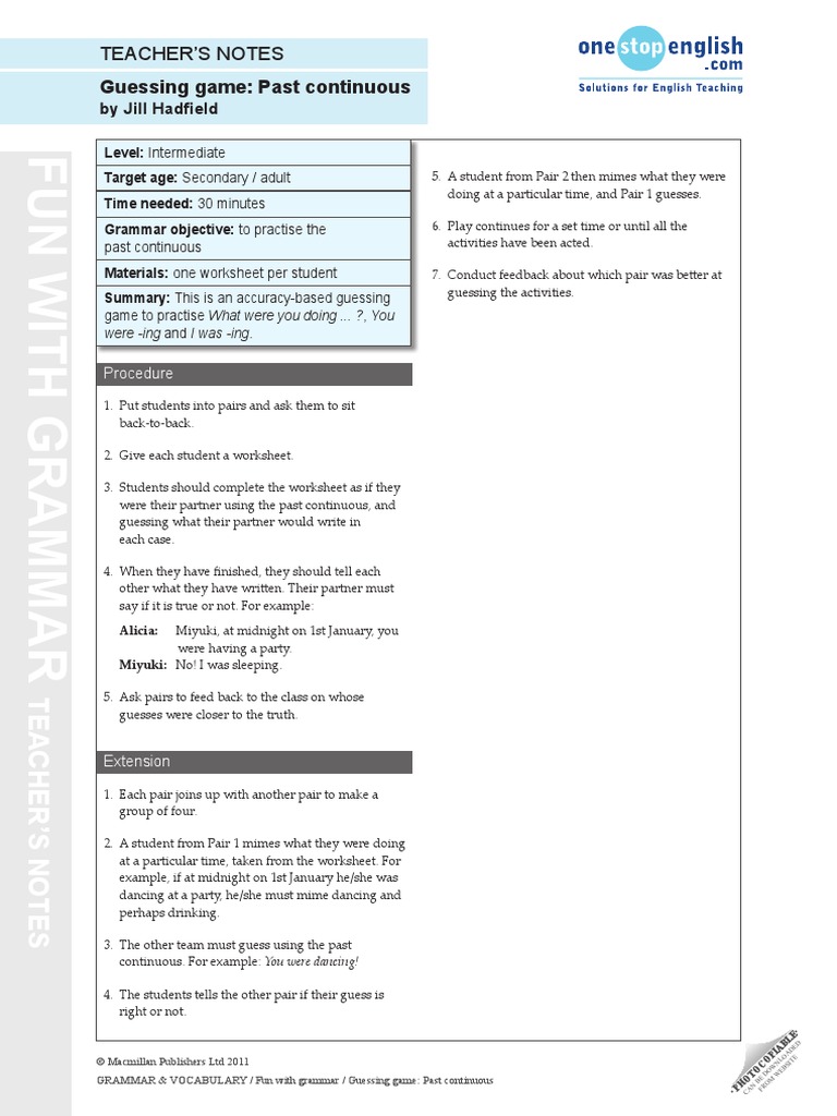 Past Continuous Guessing Game Worksheet | PDF | Language Arts ...