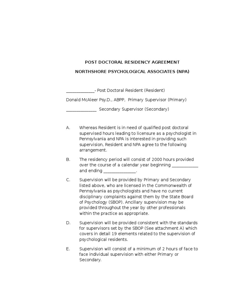 Post-Doc Residency Sample Agreement | PDF