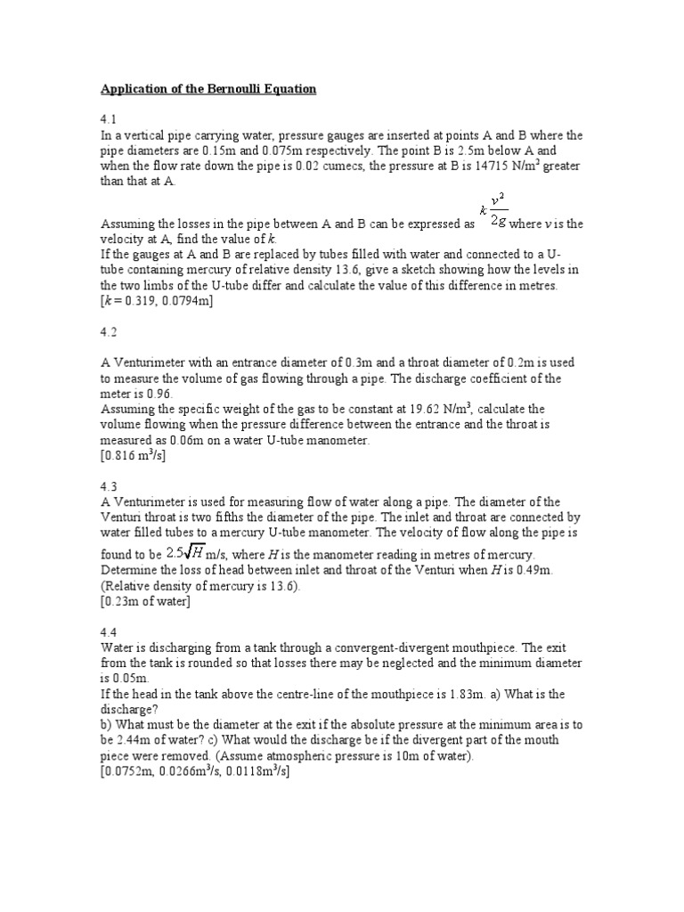 Bernoulli Equation Applications in Fluid Flow | PDF | Pressure ...