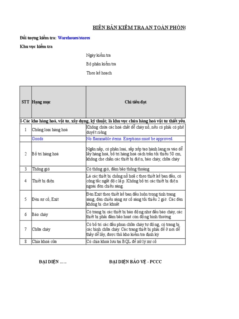 Checklist PCCC Kho Hàng Hóa - V+E | PDF