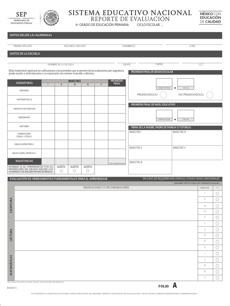 Reporte de Calificaciones Primaria | PDF | Comprensión lectora ...