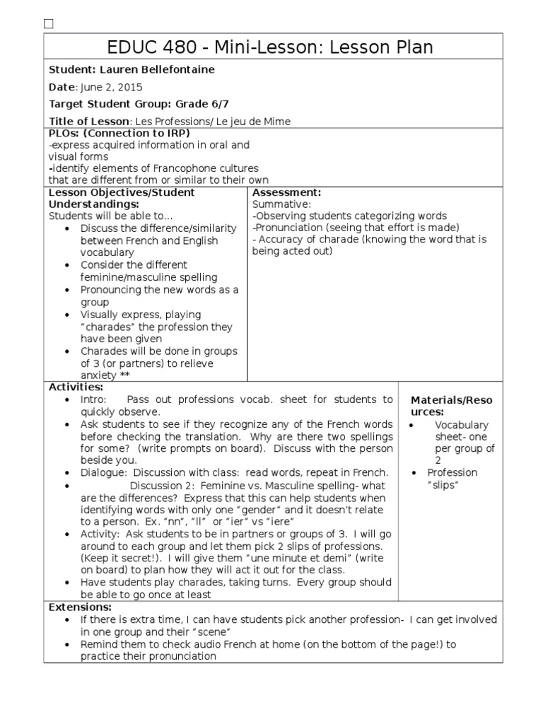 Grade 6/7 French Professions Mini-Lesson | PDF
