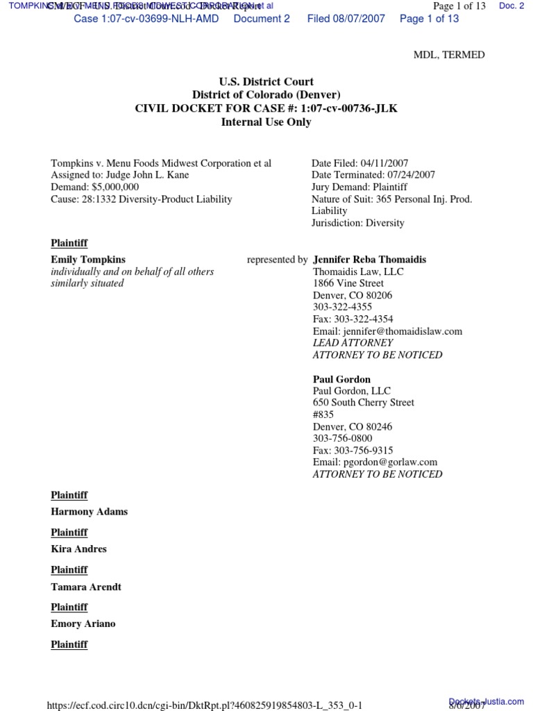 Tompkins v. Menu Foods Liability Case | PDF | Cm/Ecf | Complaint