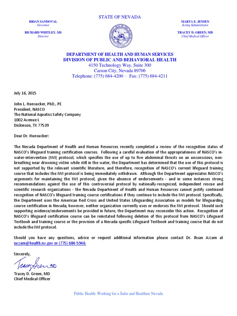 Nevada Letter To NASCO Aquatics Safety | PDF