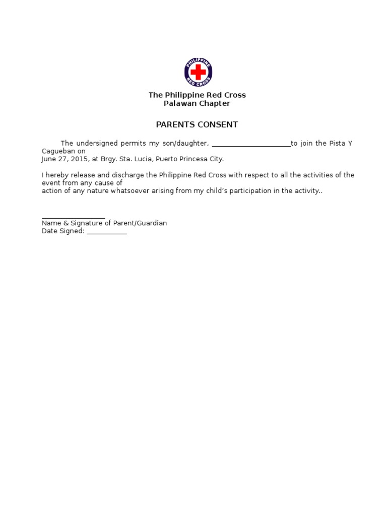Parents Consent: The Philippine Red Cross Palawan Chapter | PDF