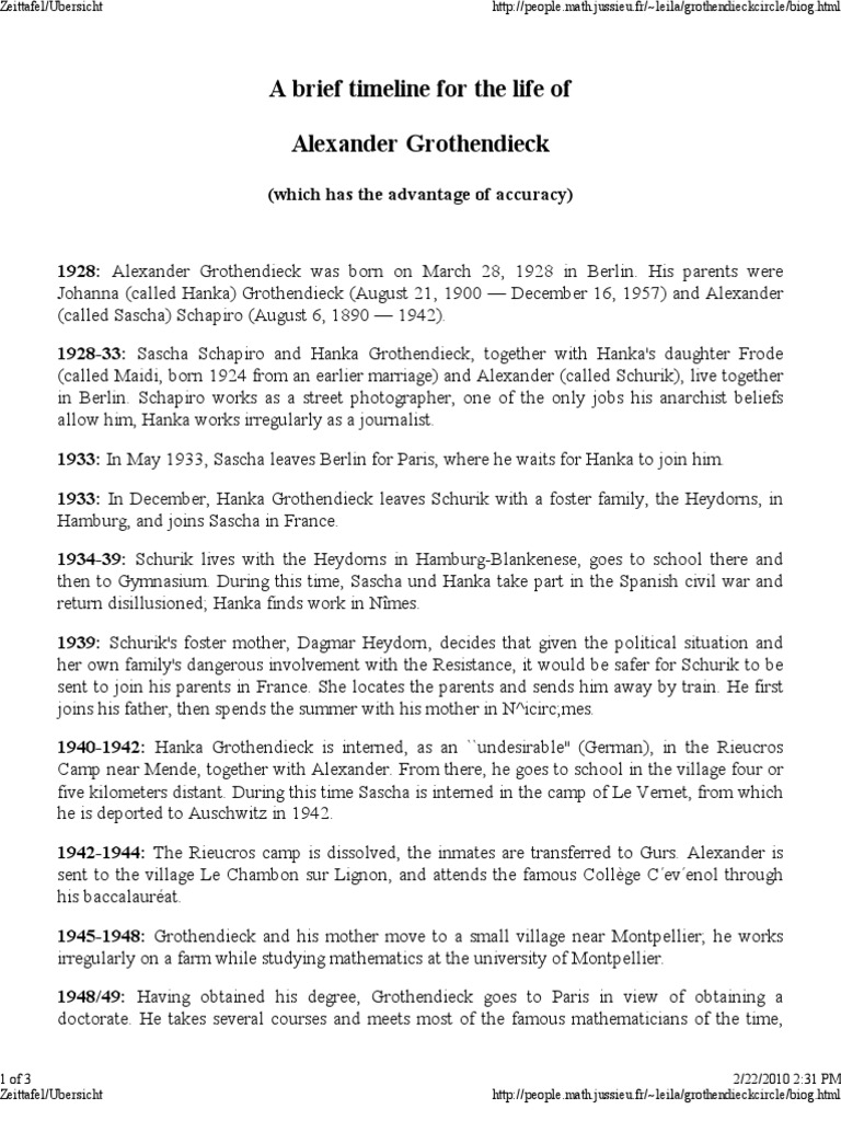 A Brief Timeline of The Life of Grothendiek | PDF | Algebraic Geometry ...