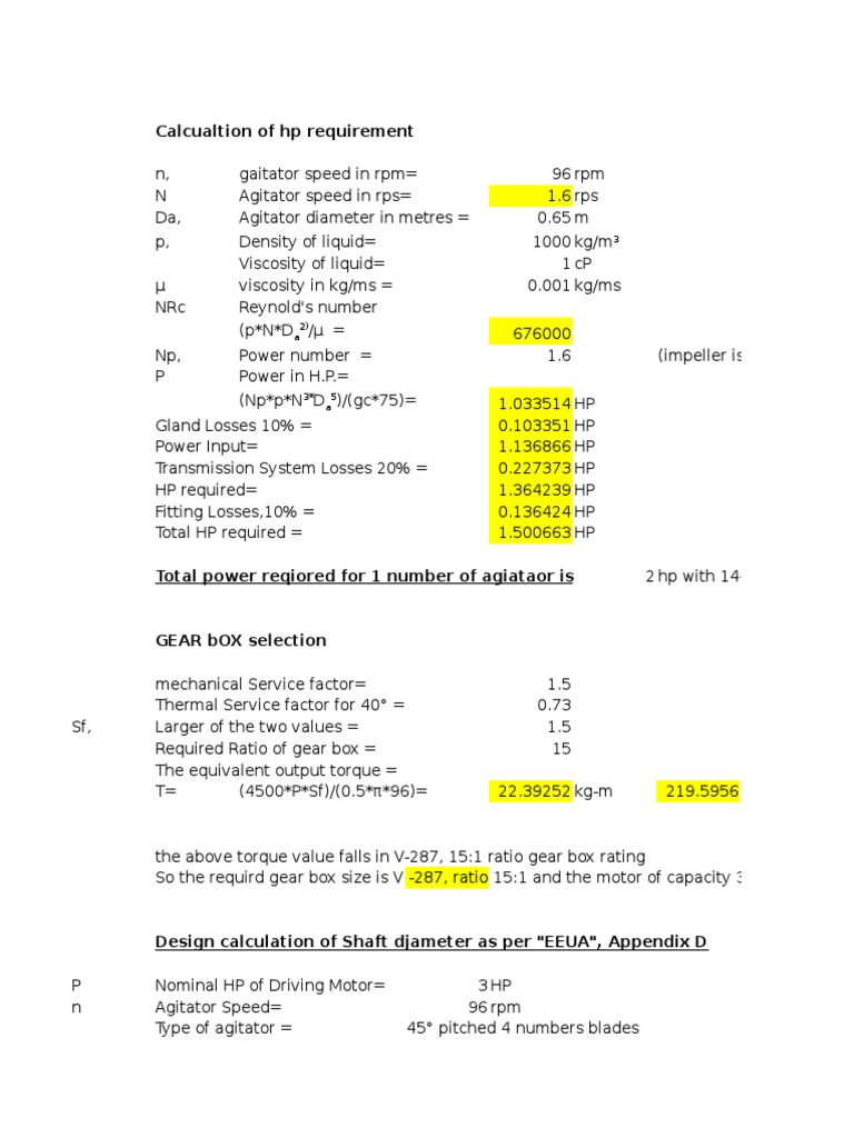 Agitator Calculation | PDF | Horsepower | Transmission (Mechanics)