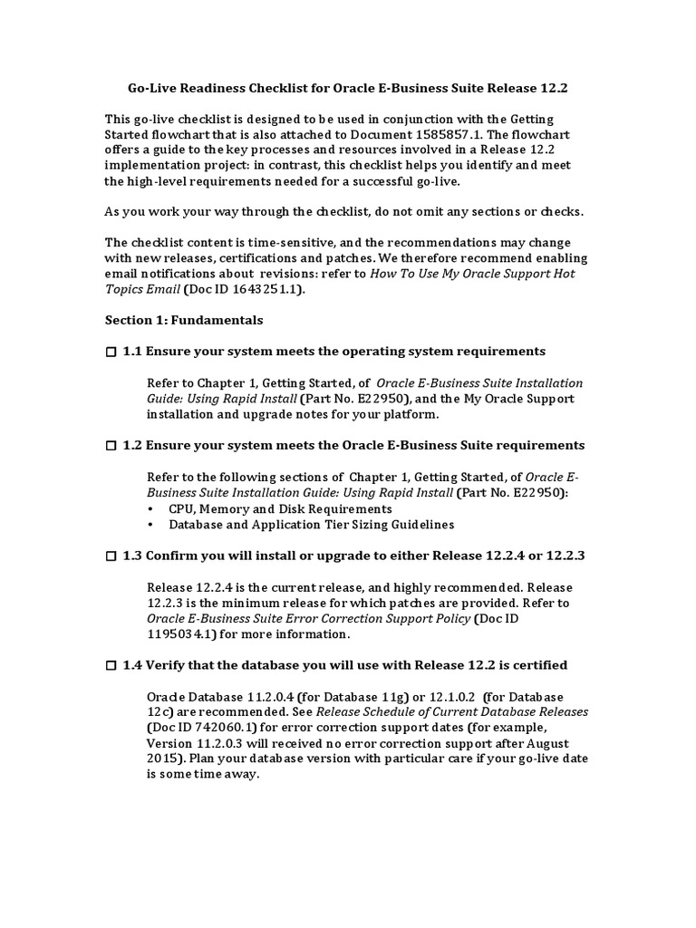 Go Live Checklist | Download Free PDF | Oracle Database | Areas Of ...